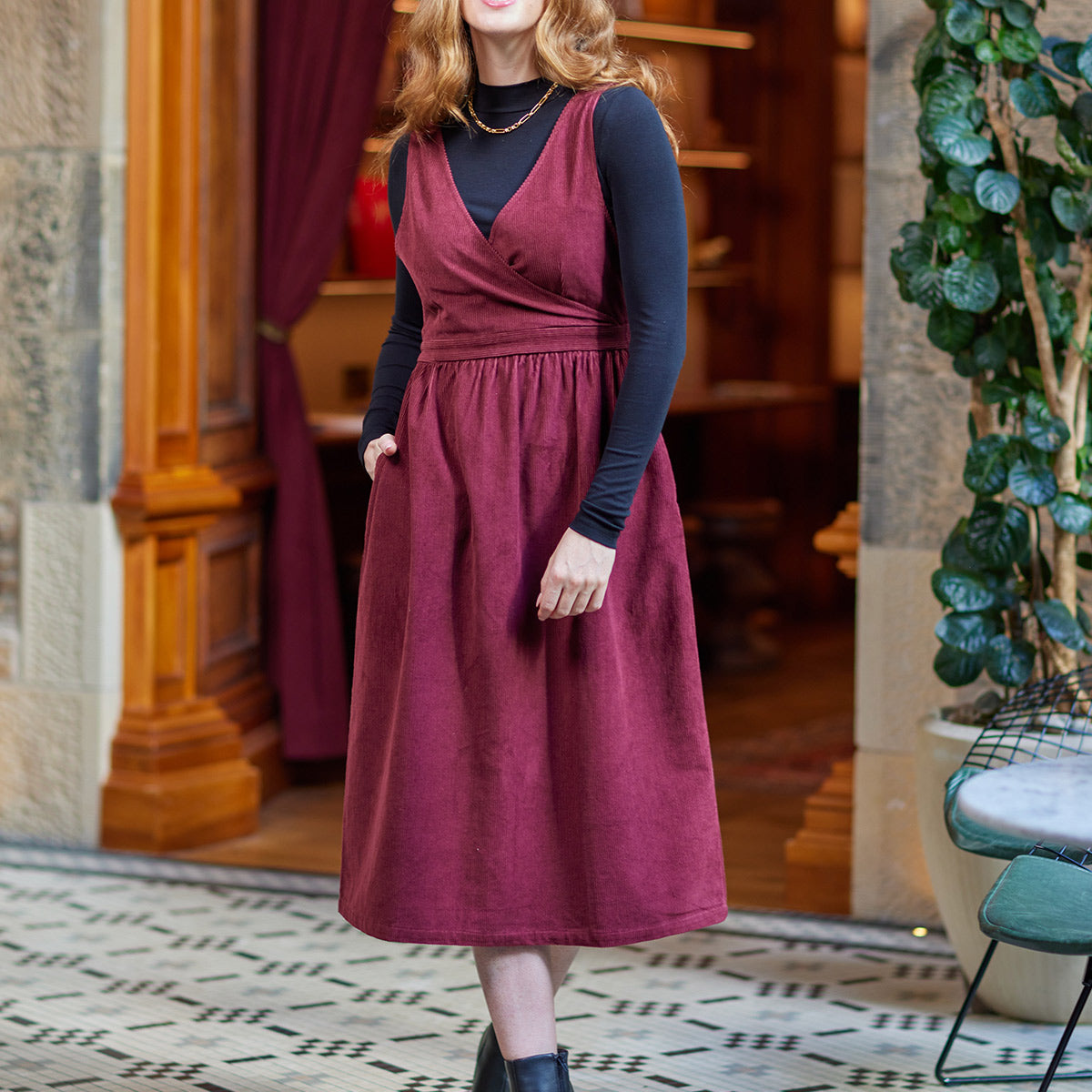 Ally - Corduroy Midi Crossover Front Dress - Burgundy – This is Unfolded